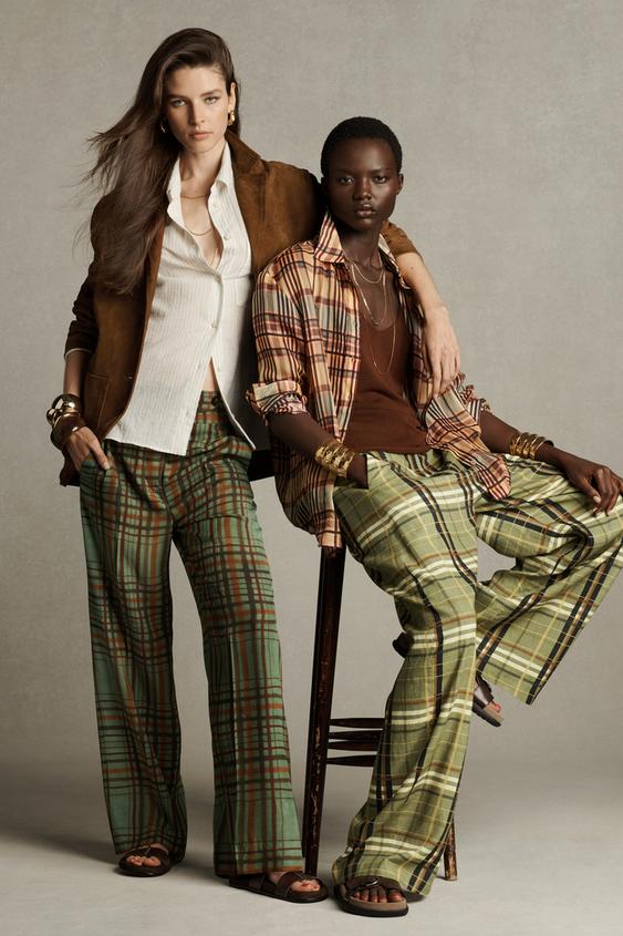 CHECKERED LINEN BLEND TROUSERS ZW COLLECTION - Green | ZARA Saudi Arabia