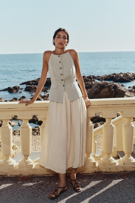 VESTIDO CHALECO MIDI FALDA PLISADA - Beige | ZARA España