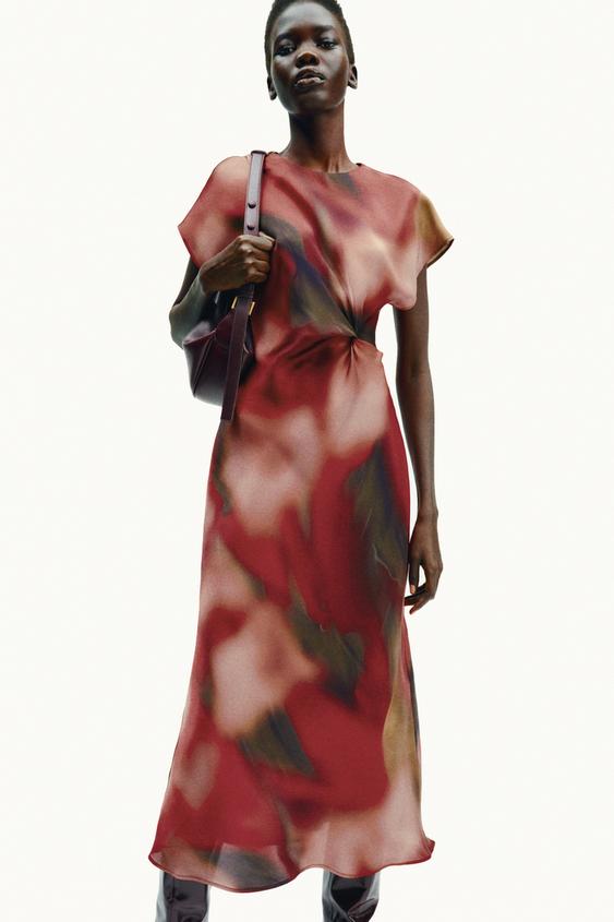 Printed Satin Effect Midi Dress Multicolored Zara United States