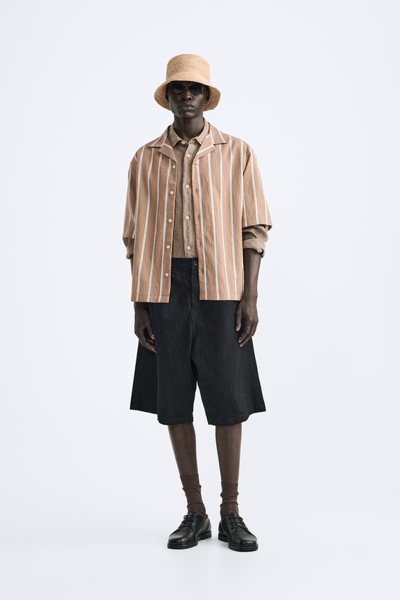 KEMEJA CROPPED MOTIF GARIS - Merah bata | ZARA Indonesia