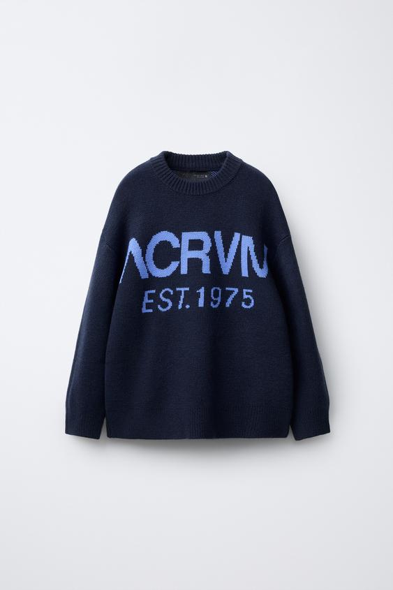 JACQUARD KNIT TEXT SWEATER - navy | ZARA United States