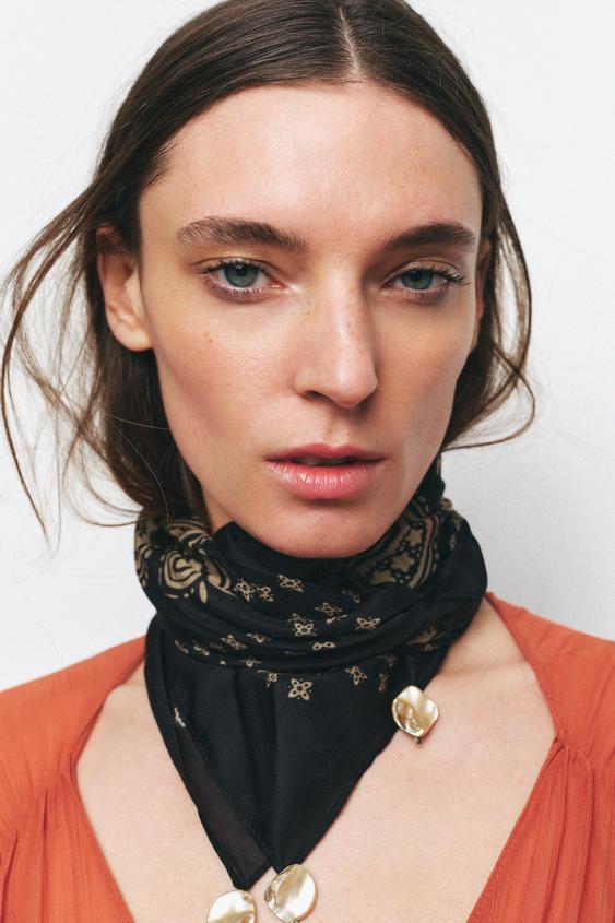 MODAL SCARF WITH PRINT AND FAUX PEARLS - Black | ZARA India