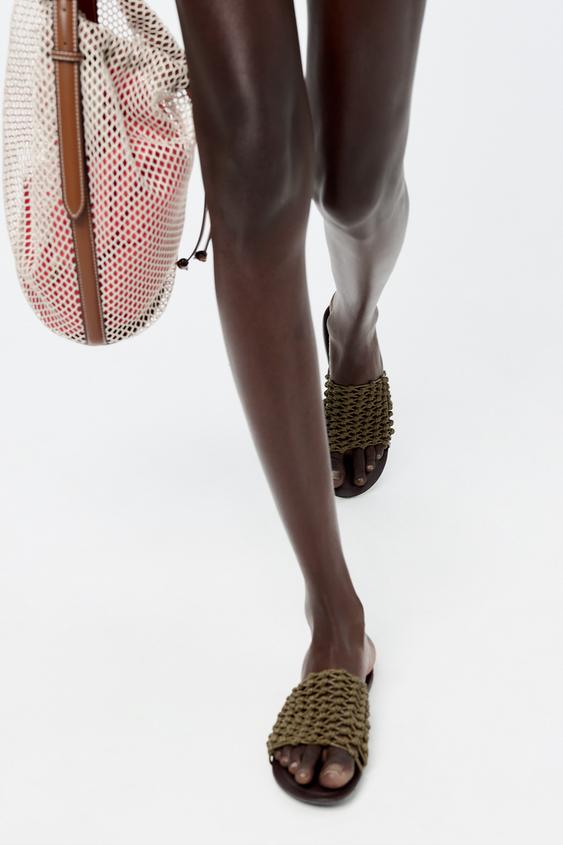 WOVEN LEATHER FLAT SLIDER SANDALS - Green | ZARA Saudi Arabia