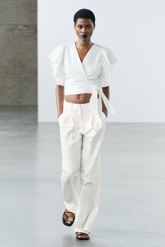 Zw Collection Ruffled Cotton Top White Zara Ireland