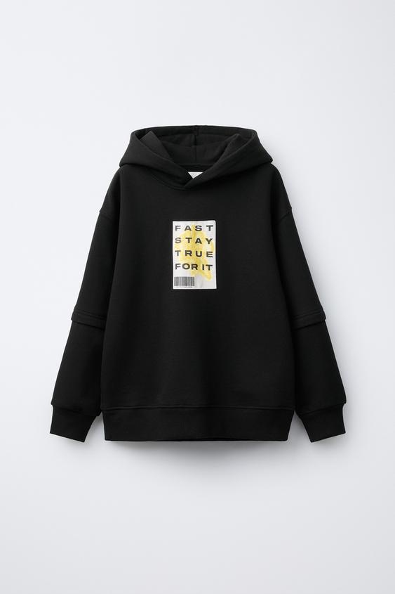 DOUBLE LONG SLEEVE LABEL HOODIE - Black | ZARA Saudi Arabia