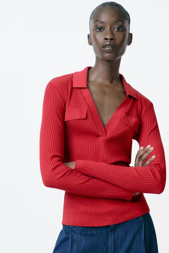 RIBBED POLO NECK T-SHIRT - Intense red | ZARA Portugal