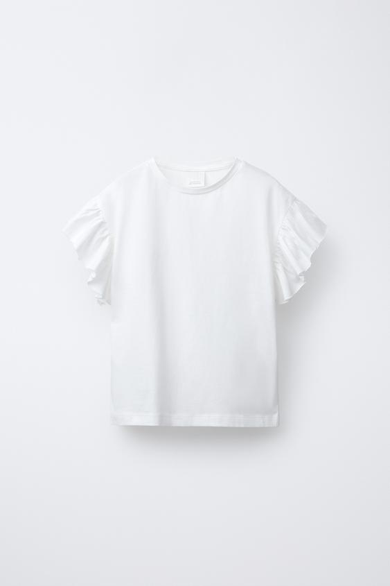 T-SHIRT WITH RUFFLE SLEEVES - Oyster-white | ZARA Australia