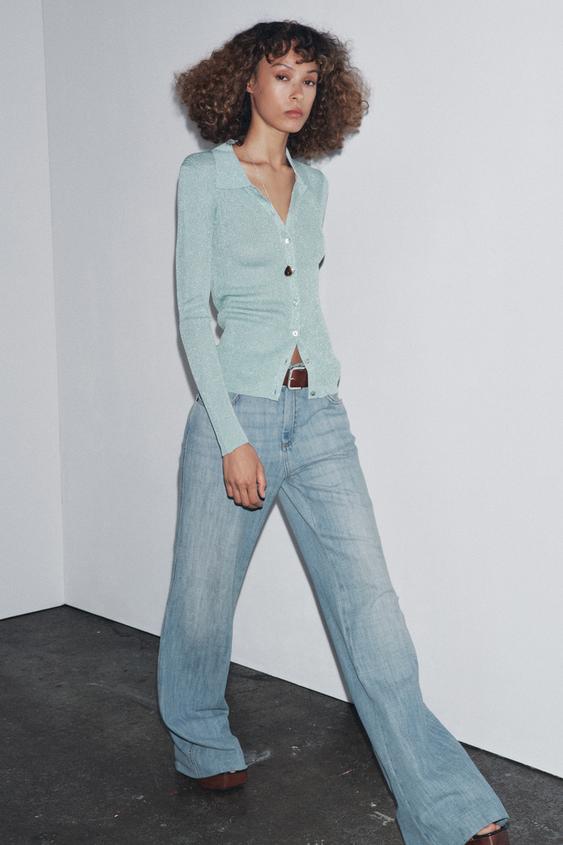 METALLIC THREAD KNIT POLO TOP - Pastel blue | ZARA India