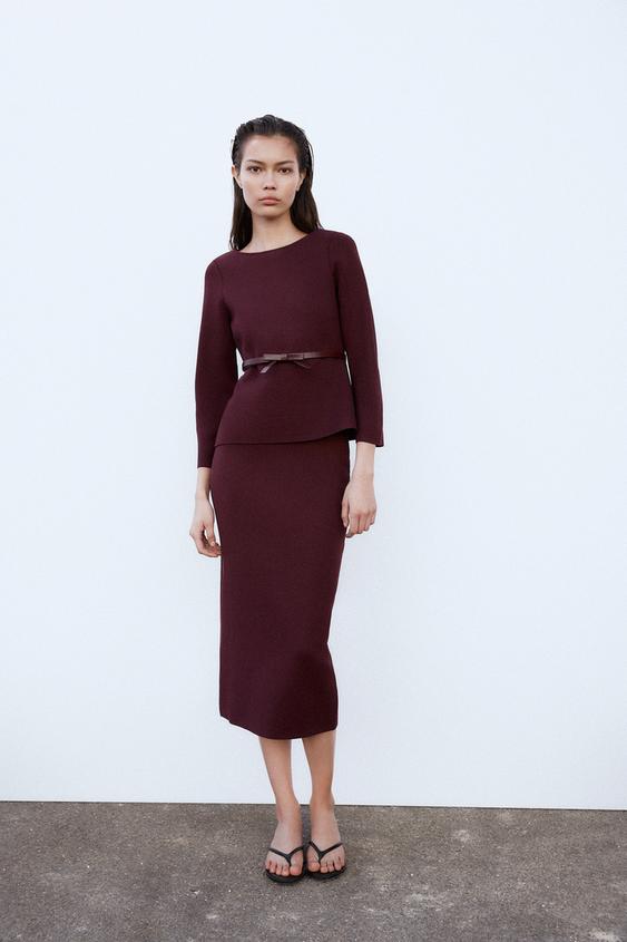 KNIT TOP WITH BELT - Burgundy | ZARA India