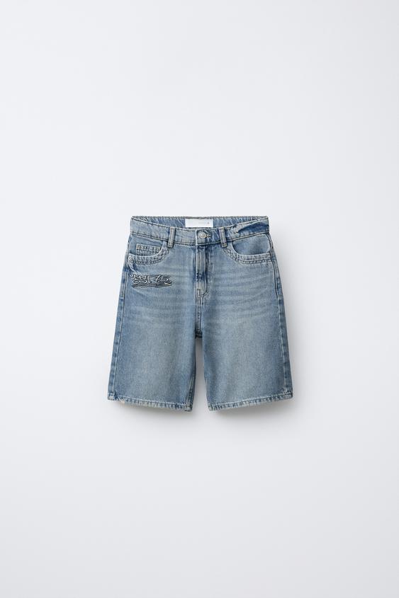 GRAFFITI EMBROIDERED DENIM BERMUDA SHORTS - Blue | ZARA New Zealand