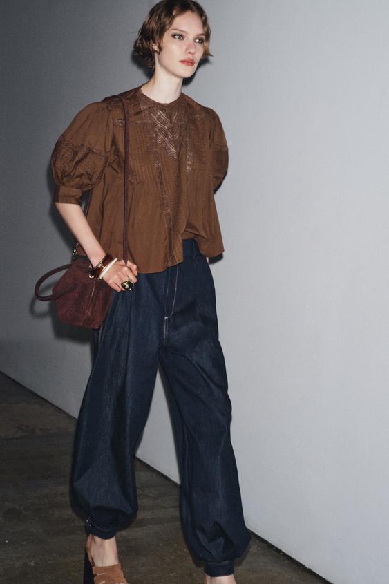 ZW COLLECTION LACE BLOUSE - Brown | ZARA United States