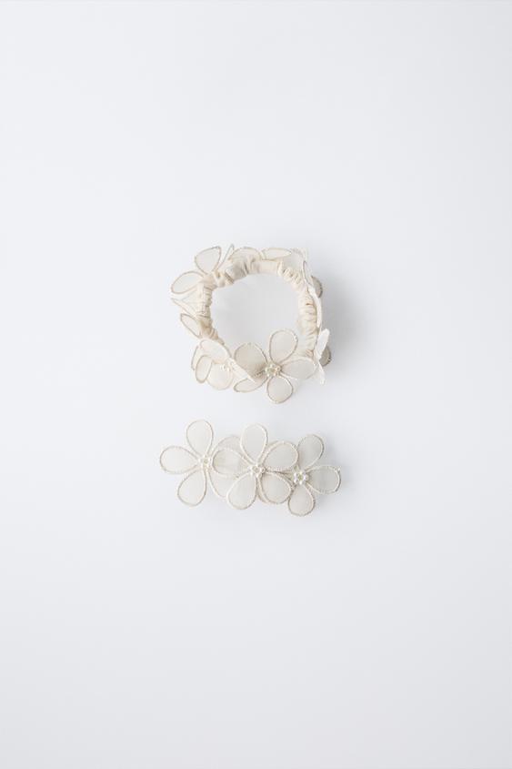 PACK OF SNAP-CLIP AND HAIR BAND WITH FLOWERS AND FAUX PEARLS - Ecru ...