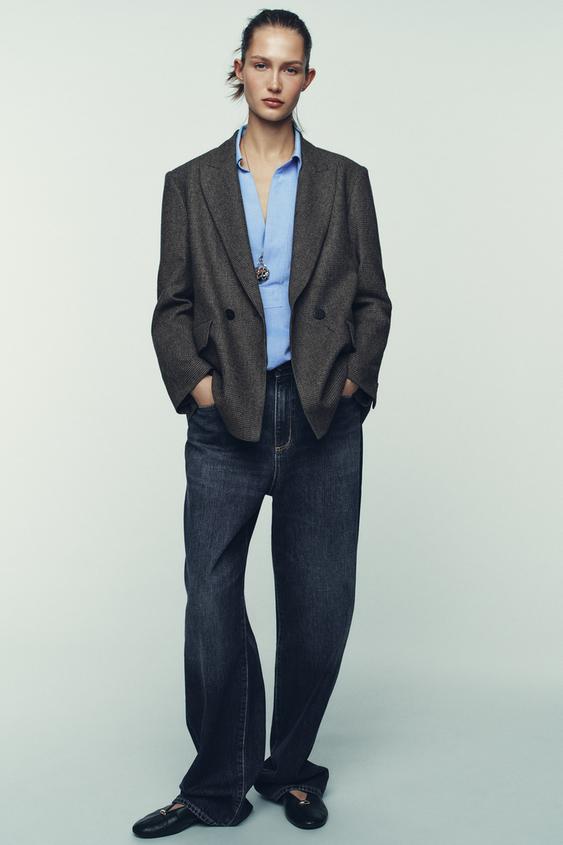 OVERSIZE DOUBLE-BREASTED CHECK BLAZER WITH WOOL - mink brown | ZARA India