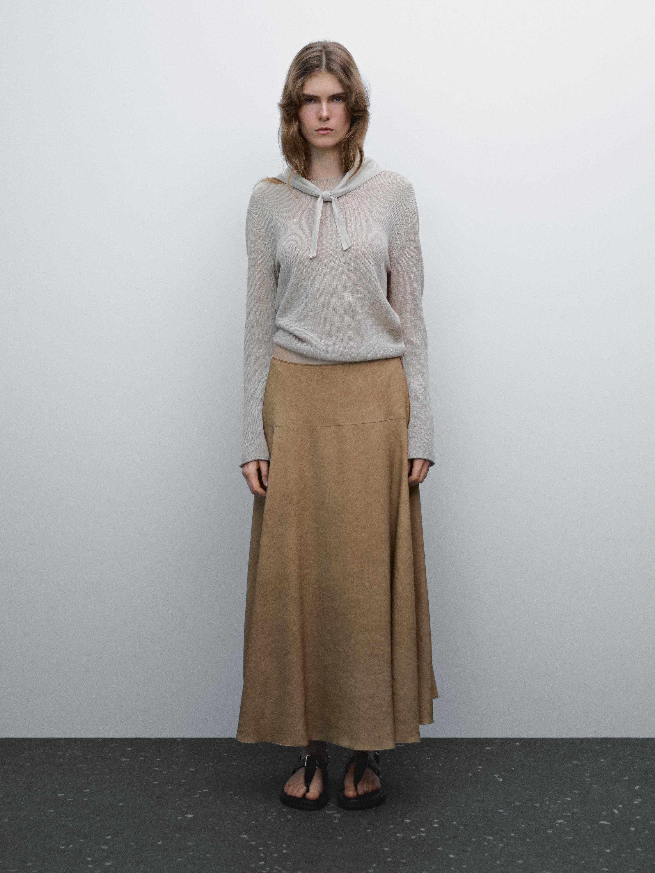 Linen blend midi skirt with flounce - Earth | ZARA United States Linen blend midi skirt with flounce - Earth | ZARA United States