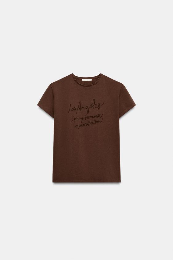 SHORT SLEEVE SLOGAN T-SHIRT - Brown | ZARA New Zealand