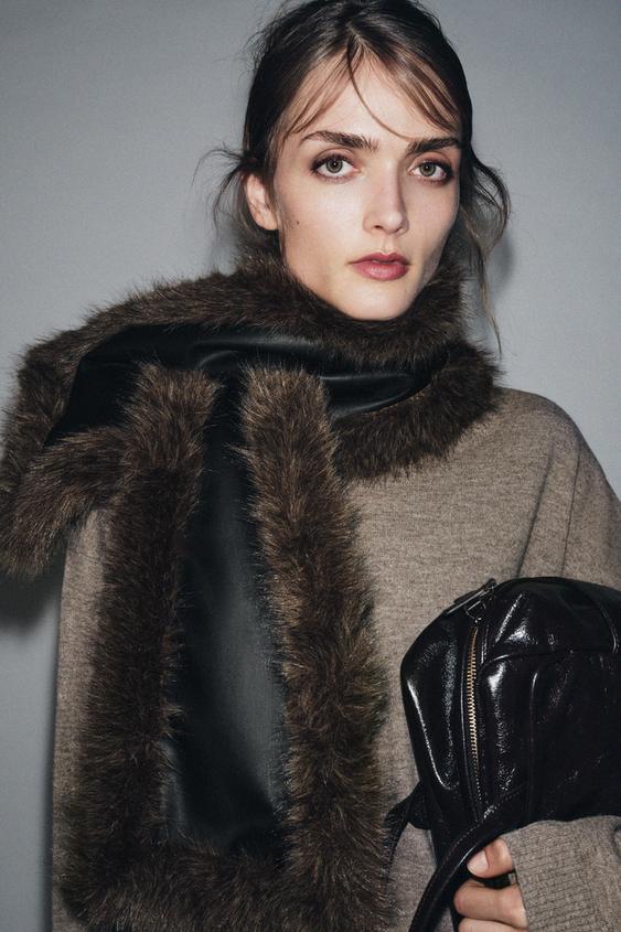 CONTRAST FAUX LEATHER SHEEPSKIN SCARF - Brown | ZARA United Kingdom