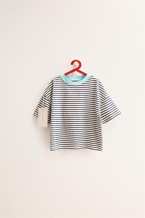 ZARA TIMELESS - STRIBET T-SHIRT MED KONTRASTFARVET KRAVE - råhvid/blå ...