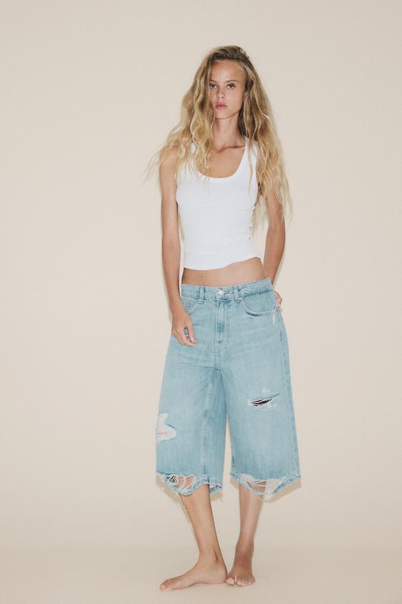 RIPPED LOW RISE TRF DENIM JORTS - Blue | ZARA Canada