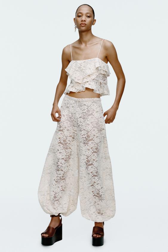 TOP CROPPED DE RENDA ZW COLLECTION - Bege-claro | ZARA Brasil