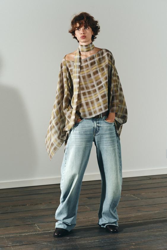 CHECK CAPE WITH SCARF - Khaki | ZARA New Zealand