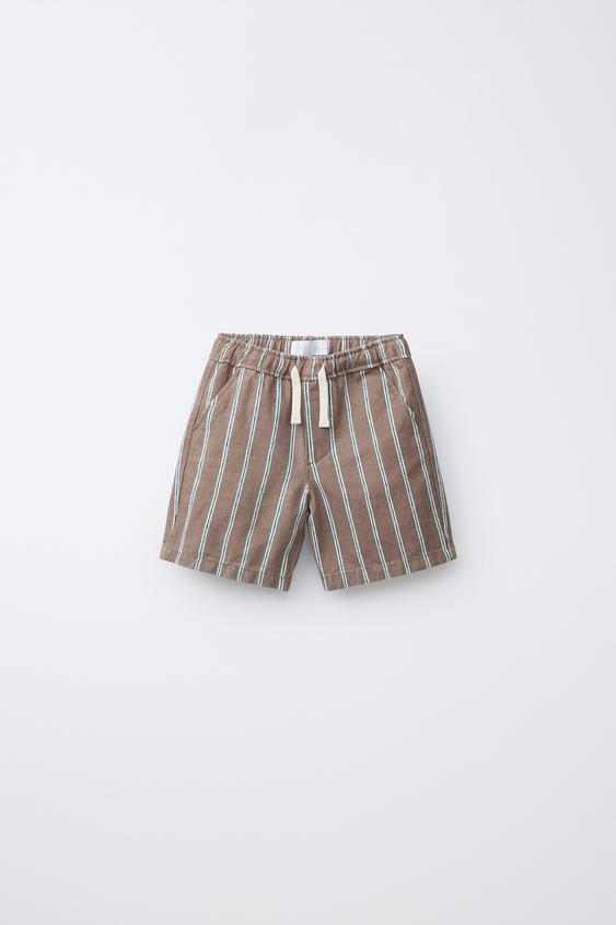 STRIPED COTTON AND LINEN SHORTS - Light brown | ZARA United States
