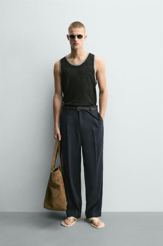 CAMISETA TANK PUNTO MEZCLA LINO CONTRASTE - Negro | ZARA España