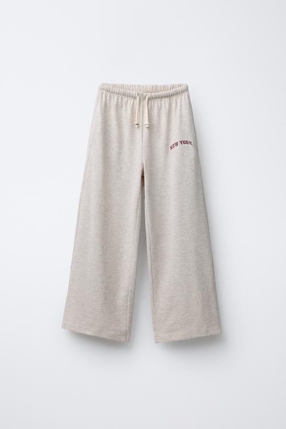 EMBROIDERED HEAVY WIDE LEG PLUSH PANTS - Sand / Marl | ZARA United States