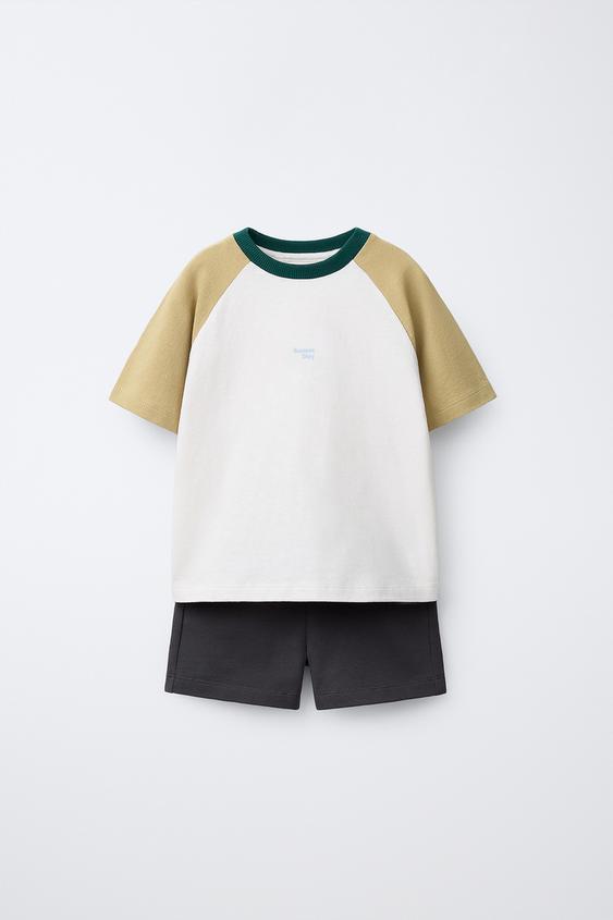 COLOR BLOCK JOGGING T-SHIRT AND SHORTS SET - Khaki | ZARA United States