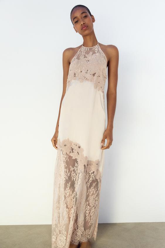 SLIP DRESS WITH CONTRAST LACE - Beige-pink | ZARA New Zealand