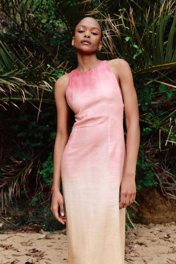 GAUN MIDI TIE DYE DENGAN LINEN - Pink | ZARA Indonesia