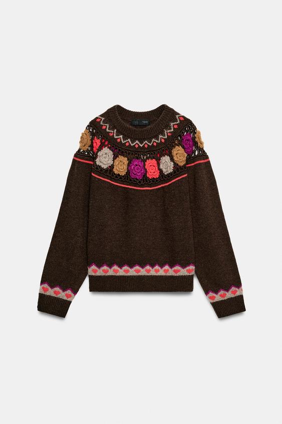 KNIT JUMPER WITH CROCHET FLOWERS - Brown | ZARA New Zealand
