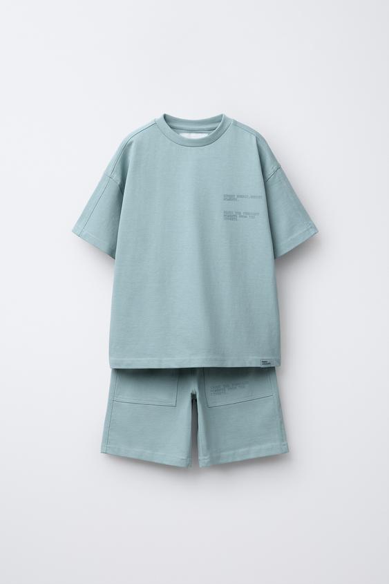 HEAVY WEIGHT JOGGING T-SHIRT AND BERMUDA SHORTS SET - Light blue | ZARA ...