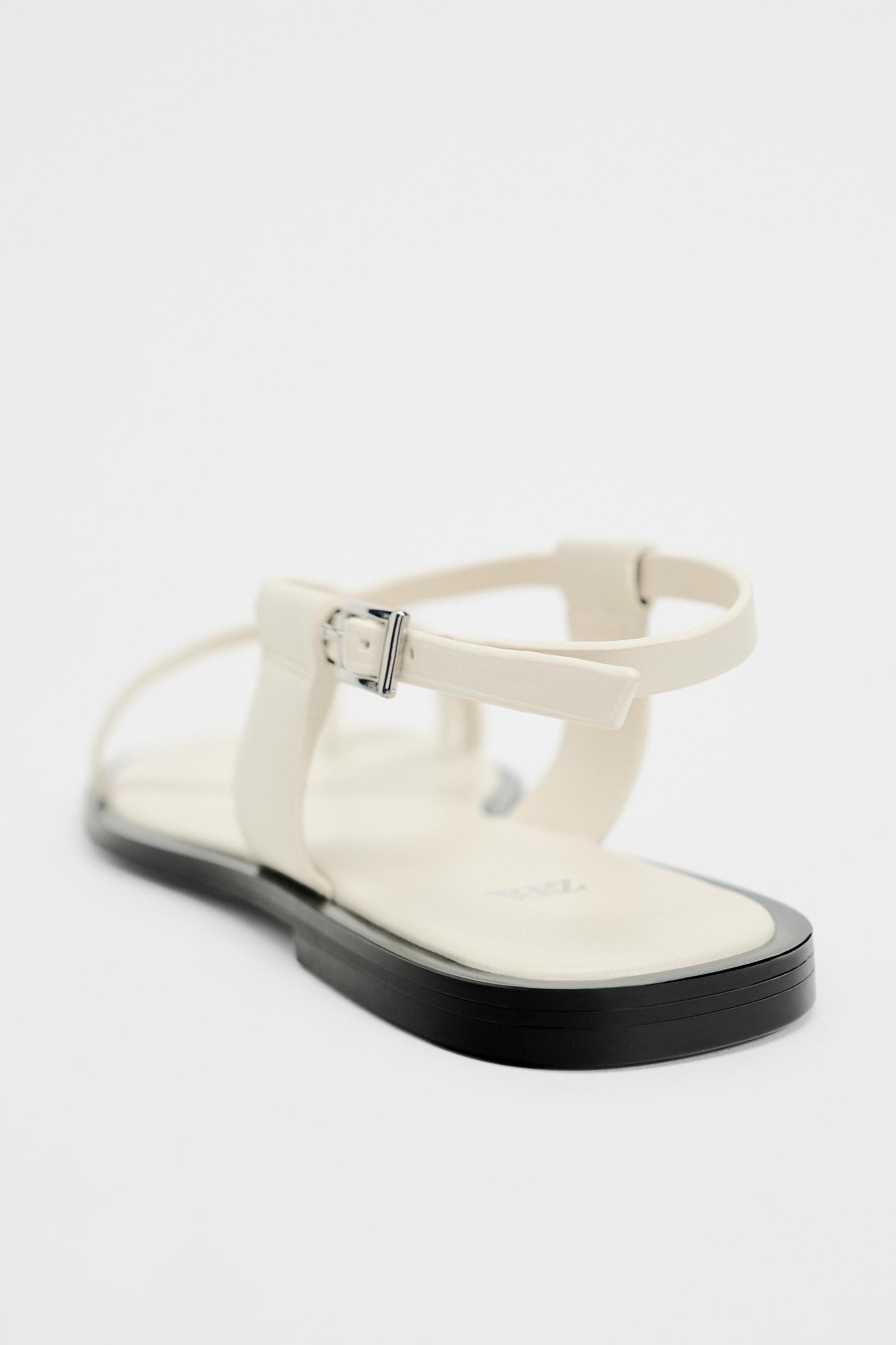 FLAT STRAPPY SANDALS WITH METAL ORNAMENT - White | ZARA FLAT STRAPPY SANDALS WITH METAL ORNAMENT - White | ZARA
