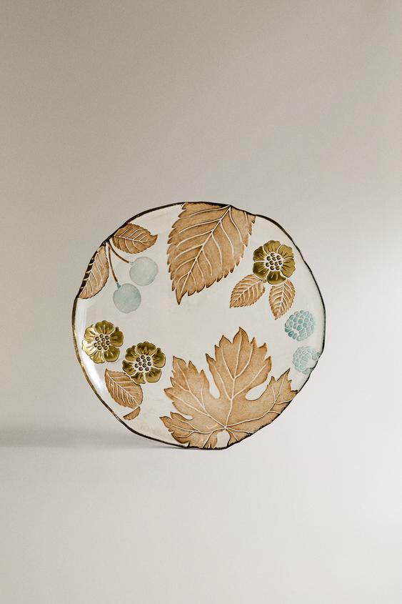 GLASS DESSERT PLATE WITH A FLORAL LEAF DESIGN - Brown | ZARA United States