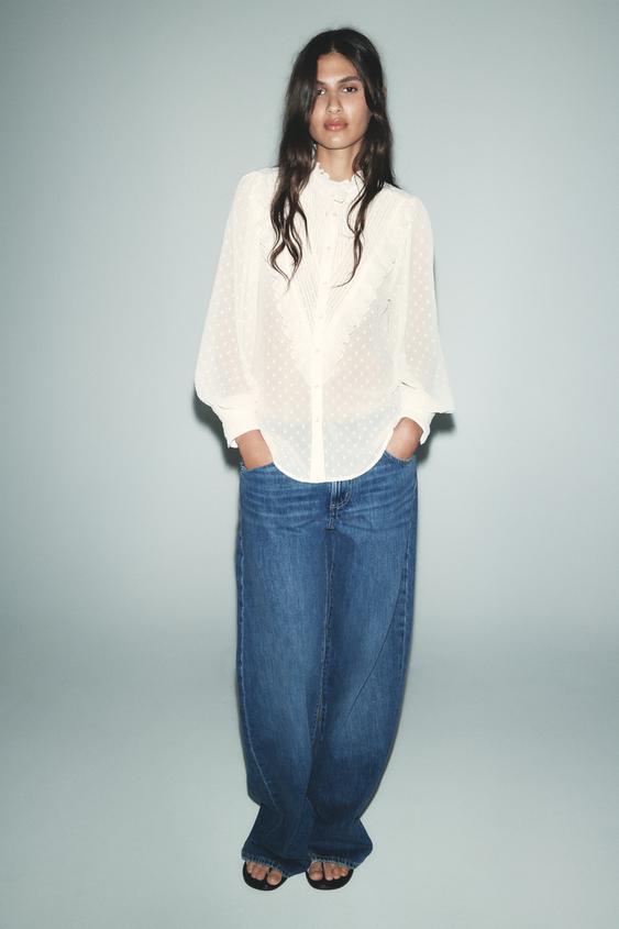 DOTTED MESH RUFFLED SHIRT - Ecru | ZARA Australia