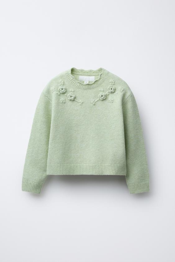 PULOVER DIN TRICOT CU FLORI DIN CROȘET - Verde pastel | ZARA România