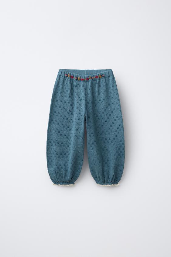 PANTALONI BOMBACHO DIN TRICOT CU FLORI BRODATE - Albastru mediu | ZARA ...