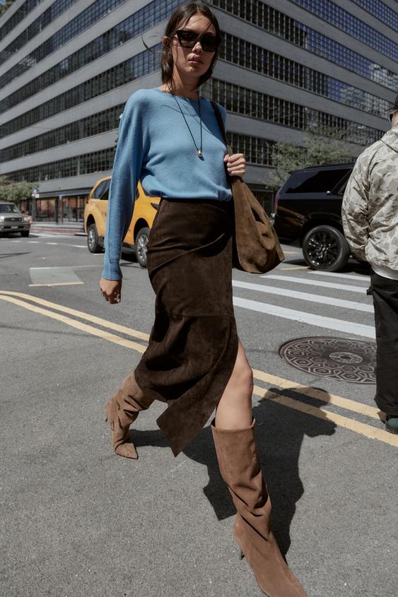 CHÂN VÁY MIDI ĐẮP CHÉO 100% DA - Màu nâu | ZARA Vietnam