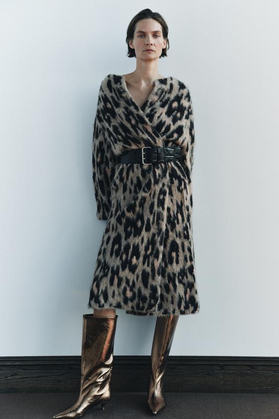 ANIMAL JACQUARD KNIT LONG COAT - Leopard | ZARA Cambodia