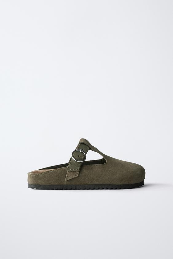 SPLIT SUEDE T-BAR CLOGS - Khaki Green | ZARA United Kingdom