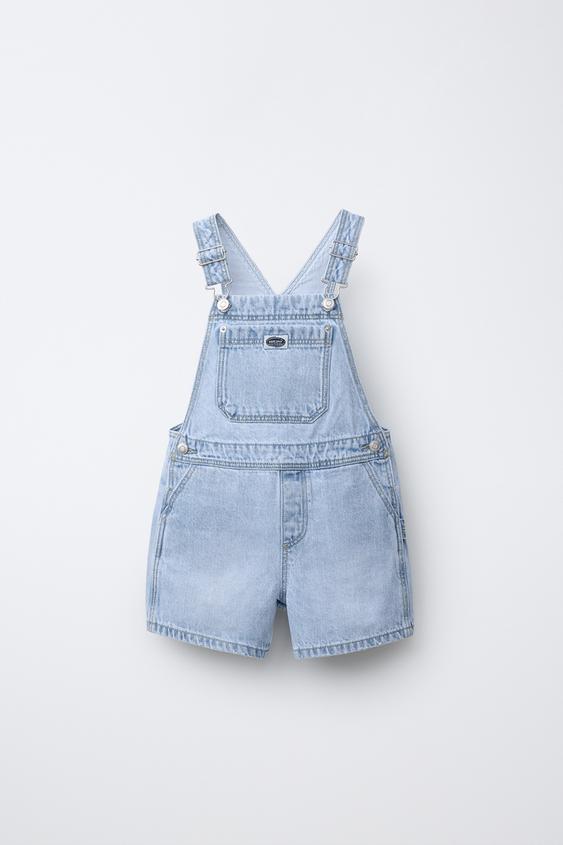 短版牛仔吊帶褲 - 中藍色 | ZARA Taiwan, China / 中國台灣