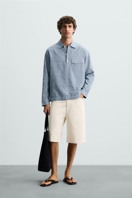 LINEN/COTTON POLO SHIRT - Blue | ZARA Australia