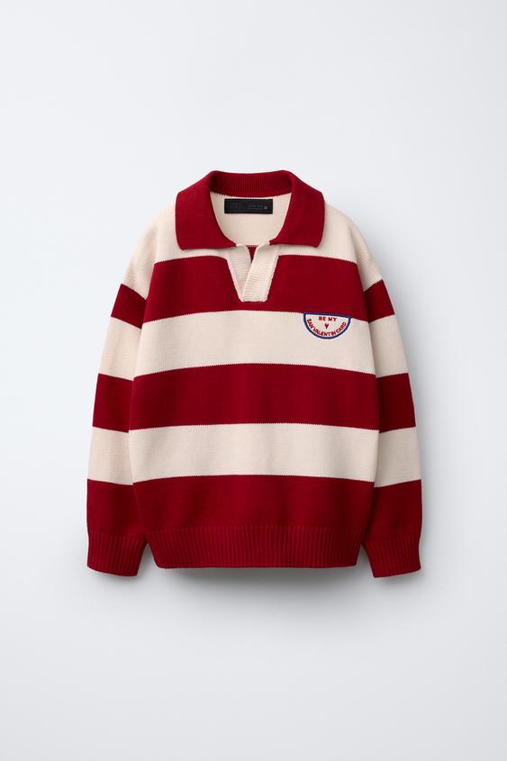 STRIPED KNIT POLO SHIRT WITH EMBROIDERED PATCH - Ecru / Red | ZARA ...