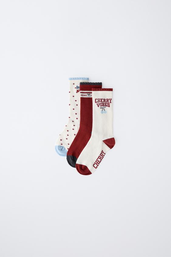 THREE-PACK OF CHERRY AND TEXT SOCKS - Ecru | ZARA United States
