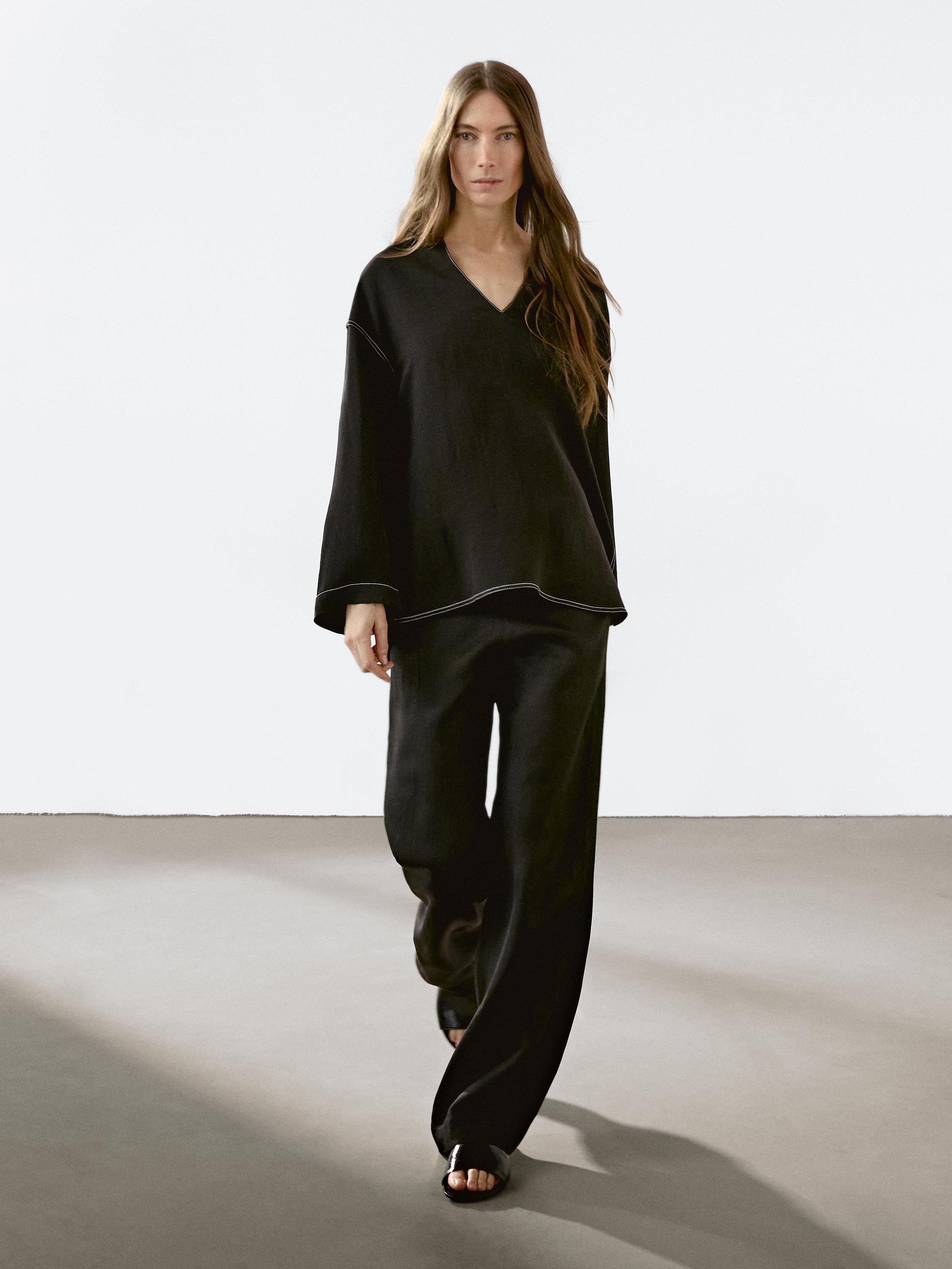 Flowing shirt with contrast seams - Black | ZARA United States Flowing shirt with contrast seams - Black | ZARA United States