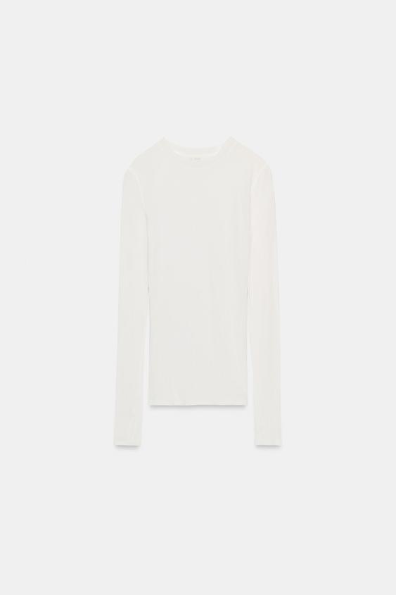 COTTON LONG SLEEVE T-SHIRT - Oyster-white | ZARA UAE - Dubai/Sharjah ...