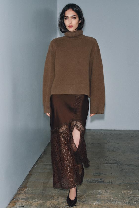 サテン地レーススカート ZW COLLECTION - ブラウン | ZARA Japan / 日本