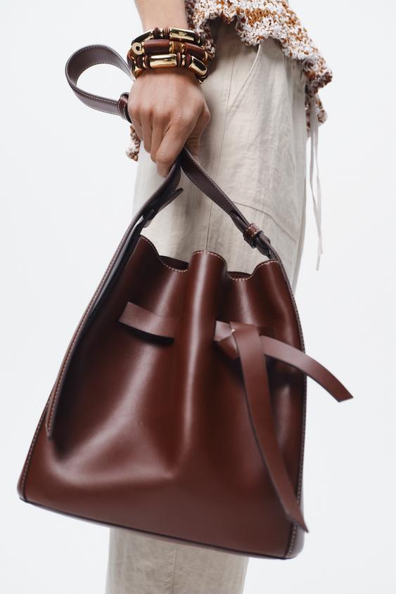 Knotted Topstitched Bucket Bag Burgundy Red Zara Mexico