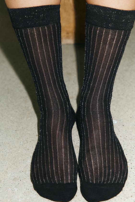 STRIPED SOCKS WITH METALLIC THREAD - Black | ZARA India