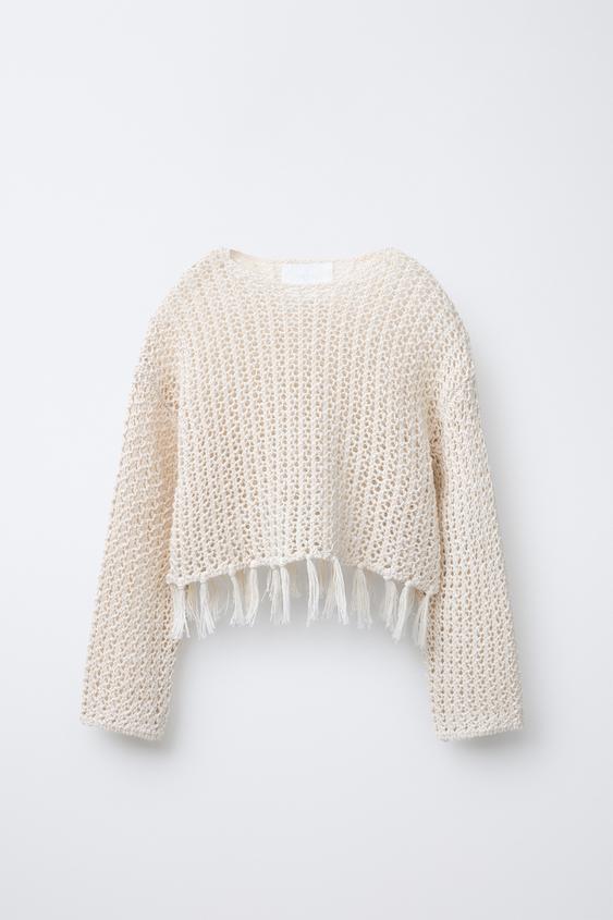 FRINGED MESH KNIT SWEATER - Ecru | ZARA United Kingdom
